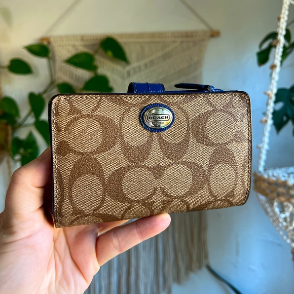Coach | Bags | Coach Signature Canvas Compact Wallet Blue Brown 5x3 ...